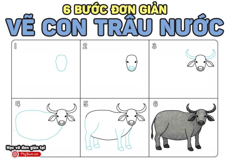 Cách vẽ hình, tô màu tranh con Trâu cute đẹp đơn giản nhất